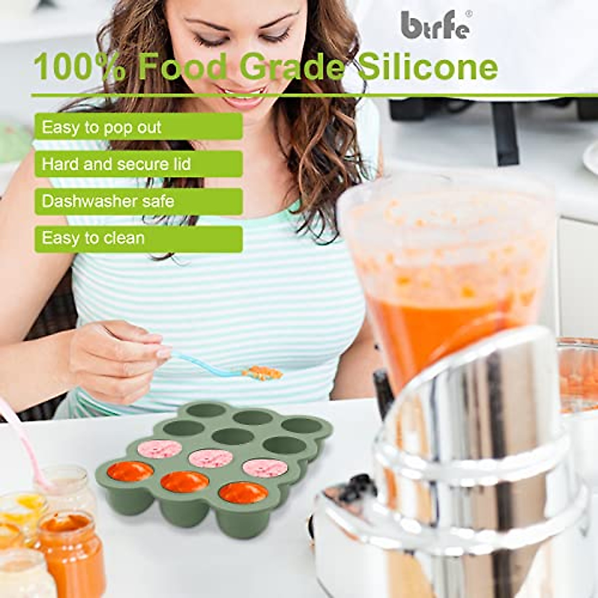 btrfe Baby Food Storage Container, 12 Portions Silicone Baby Food Freezer Tray with Lid, Perfect for Homemade Baby Food Vegetable & Fruit Purees and Breast Milk (Loden Frost Green)
