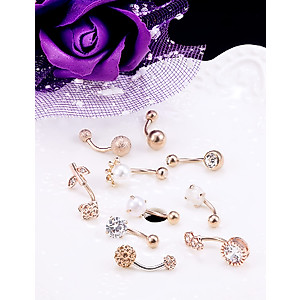 Vsnnsns 14G Belly Button Rings Flower Belly Rings for Women Stainless Steel Opal Belly Piercing Jewelry Surgical Steel Belly Button Rings Curved Navel Ring Barbell CZ Body Jewelry Piercing Rose Gold