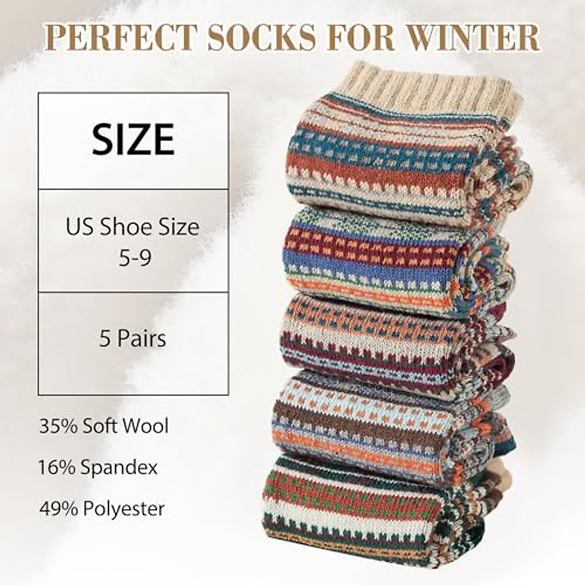 Loyaidn 5 Pairs Womens Wool Socks - Thick Soft Women's Socks, Winter Warm Boot Socks for Women Men, Fall Socks, Multicolored