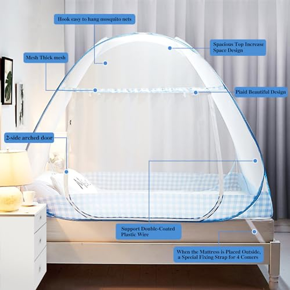 Tinyuet Mosquito Net for Bed, Portable Single Door Pop-up Mosquito Netting with Net Bottom, 39.3x78.7in Bed Tent for Indoor and Outdoor Use, Insect Screen - Blue Edge