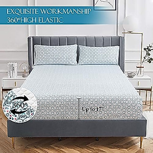 KACEMOO Printed Sheet Set Full Size Bed 4PC Blue Floral Sheets Boho Pattern Sheets Cooling 17 Inches Deep Pocket Brushed Microfiber Bed Sheets, Luxury, Soft, Breathable, Hypoallergenic, Wrinkle Free