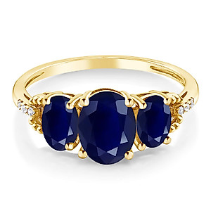 Gem Stone King 2.94 Cttw 10K Yellow Gold Blue Sapphire and Diamond 3-Stone Engagement Ring | Gemstone Birthstone | 3 Stone Wedding Anniversary Promise Ring For Women (Size 6)