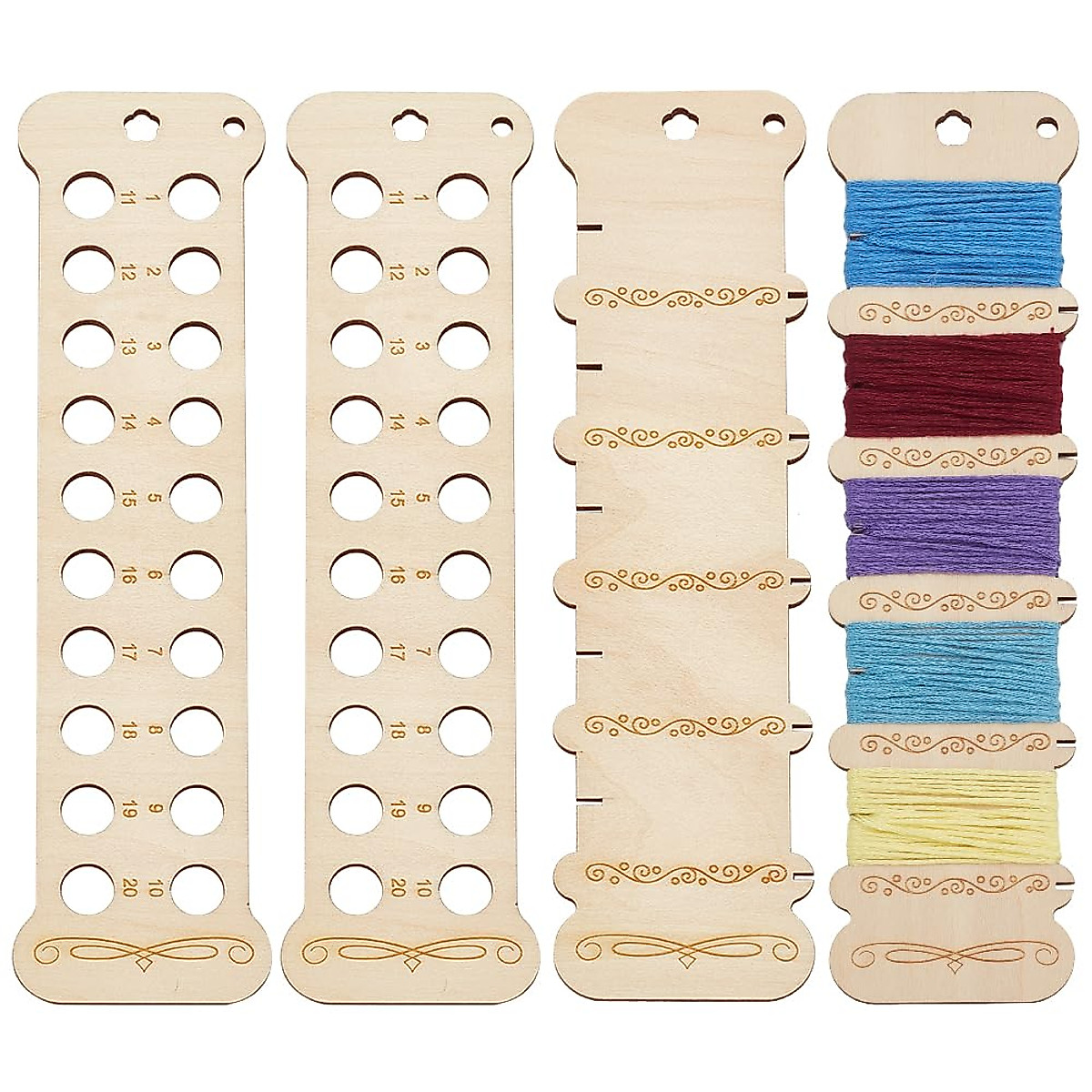 BENECREAT 4pcs 2 Sizes Wooden Embroidery Floss Organizer, 22-Holes with Numbers Winding Plate Board Card Rectangle Thread Project Cards for DIY Sewing Cross Stitch Storage Thread