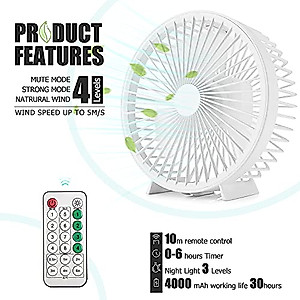 Mywill 8-Inch Portable Fan with Remote Control Timer Power Bank and Night Light, 30 Working Hours USB Rechargeable Fan, 12 Speeds with Multi Natural Wind, for Home Baby Office Outdoor Camp Golf Yoga Travel Use, Power Failure Emergency Use (White)