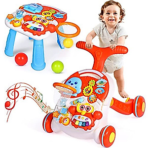 2-in-1 Baby Walker for Girls Boys, Sit to Stand Learning Walker and Activity Center Table, Educational Baby Push Walker, Musical Infant Toys for 1 Year Old Kids Birthday Gift for 6 9 12 18 24 Months