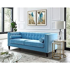 Inspired Home Sky Blue Velvet Sofa - Design: Lotte | Tufted | Square Arms | Tapered Legs | Contemporary