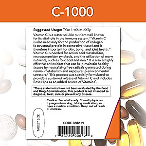 NOW Supplements, Vitamin C-1,000 with Rose Hips, Sustained Release, Antioxidant Protection*, 250 Tablets