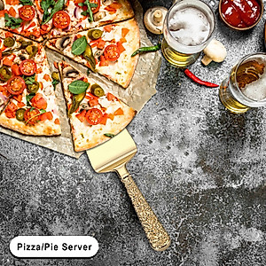 BSTKEY Pack of 2 Gold Cake Pie Pastry Servers, Cake Knife and Server Set, Vintage Engraved Cake Cutter Serving Spatula Set for Wedding Birthday Parties Christmas Thanksgiving and Events