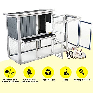 COZIWOW Indoor/Outdoor Rabbit Hutch, 2 Story Wooden Pet Bunny House Wooden Cage with Water Bottle,Ventilation Gridding Fence, Cleaning Tray, for Small Animals, Grey