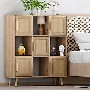 TROONZ 9 Cube Bookshelf Freestanding Bookcase，Modern Cube Storage Organizer 4 Open Cubes and 5 Rattan Cabinets, Multipurpose Display Case Shelf for Living Room Study Home Office (Natural)