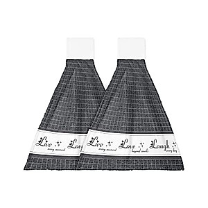 2 Pack Hanging Kitchen Hand Towels, Live Love Laugh Grey Hand Tie Towels with Hanging Loop, Gray Checkered Wall Art Modern Soft Absorbent Towels Set for Bathroom and Kitchen