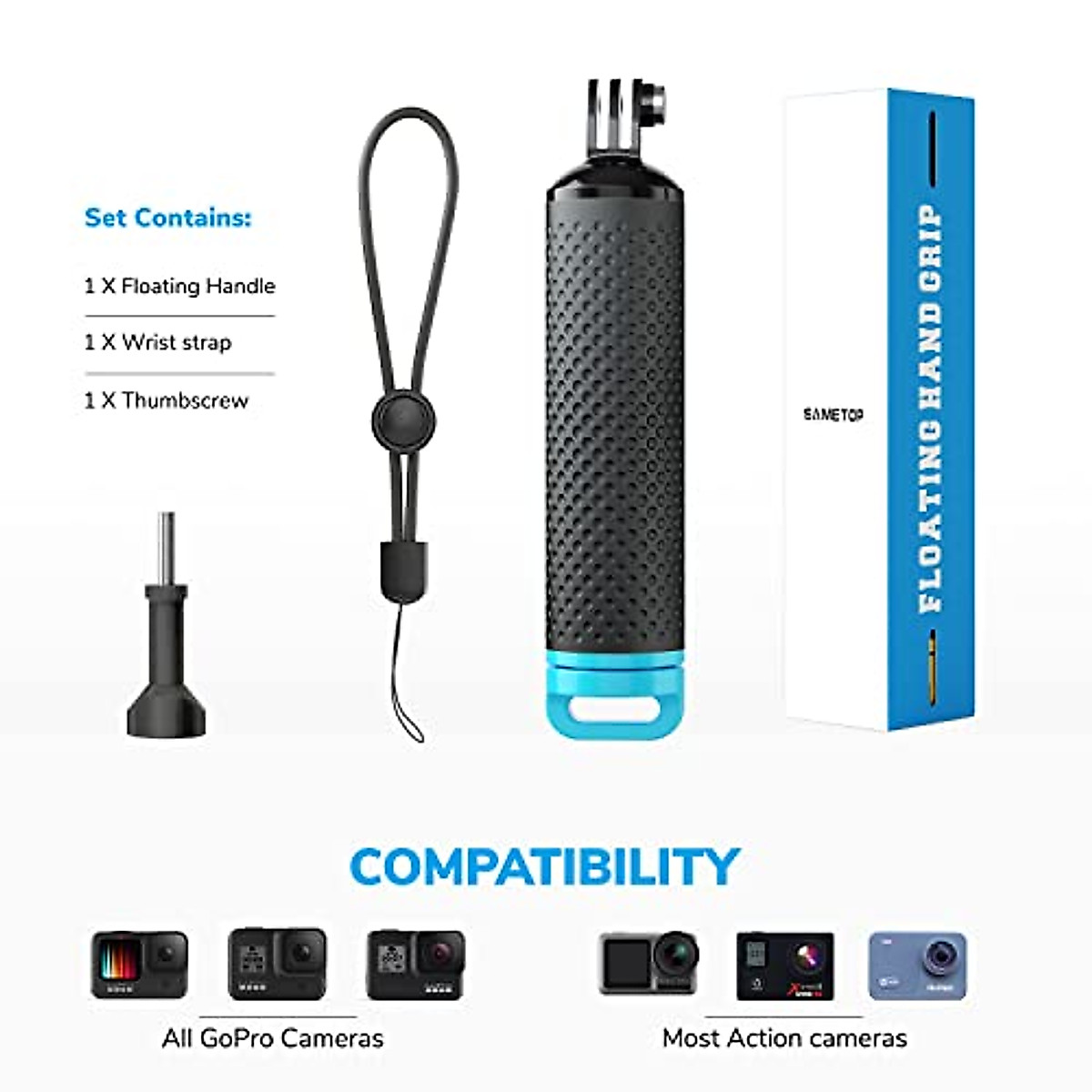 Sametop Floating Hand Grip Waterproof Handle Compatible with GoPro Hero 11, 10, 9, 8, 7, 6, 5, 4, Session, 3+, 3, 2, 1, Hero (2018), Fusion, Max, DJI Osmo Action Cameras (Blue)