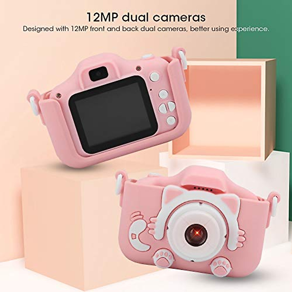 12MP Mini Camera Digital Camera with 2.0in IPS Screen Cartoon Kitty Digital Camera Toy with Double Camera for Children Kids Gift(Pink)