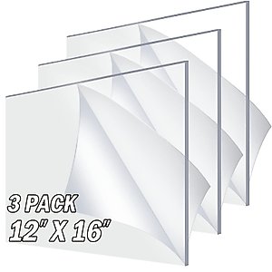 3 Pack Acrylic Sheet Plexiglass 12" x 16" x 1/8" Thick, Clear Cast 3mm 12x16 Plexi Glass Panel Use for Craft Projects, Picture Frames, Laser Engraving Sign Blanks or Cutting to Display Sizes.
