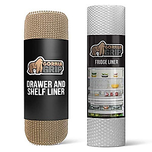 Gorilla Grip Drawer Liner and Refrigerator Liner, Drawer Liner Size 17.5x10 in Beige, and Refrigerator Liner Size 60x13 in Clear, 2 Item Bundle