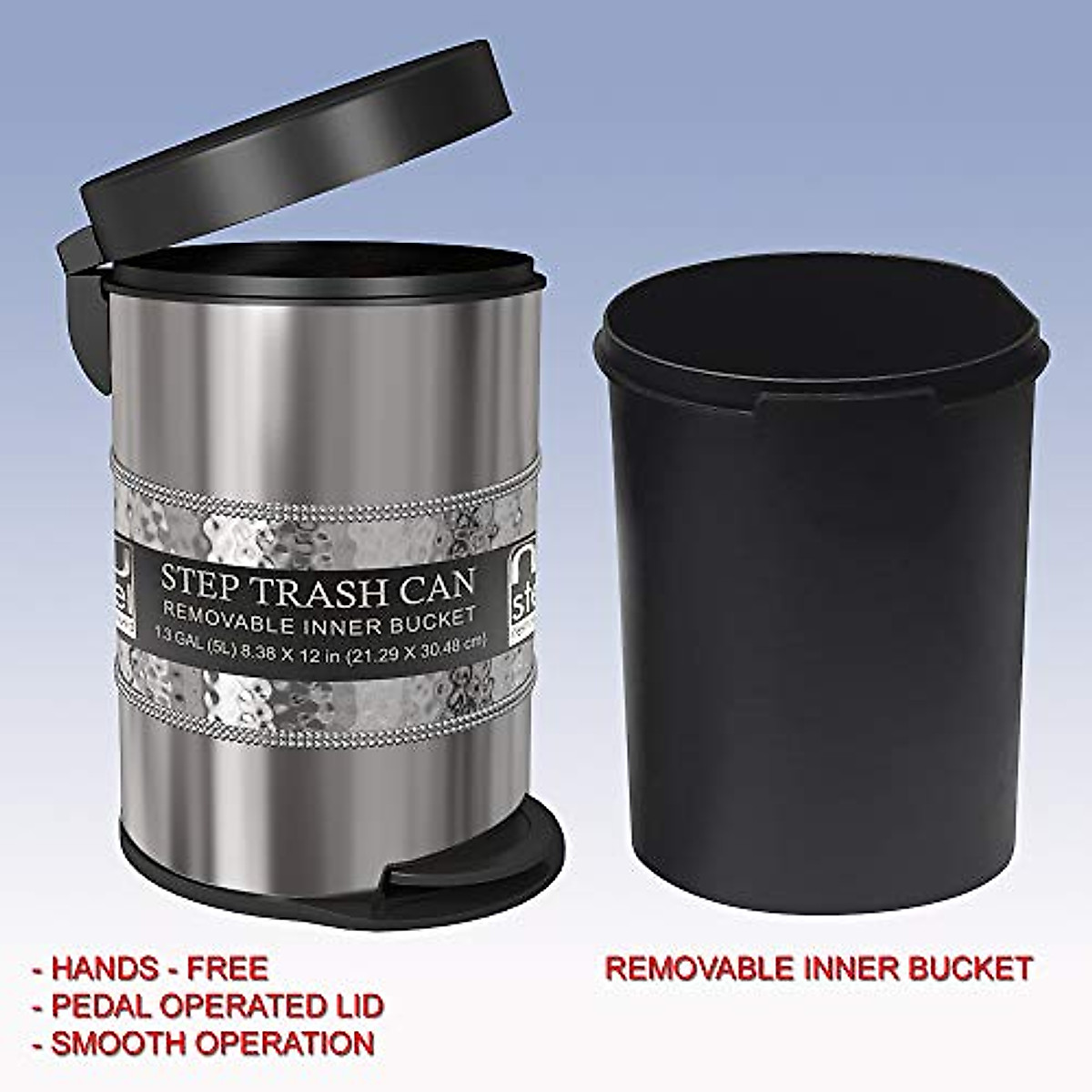 nu steel 5 Liter Round Small Metal Step Trash Can Wastebasket, Garbage Container Bin - for Bathroom, Powder Room, Bedroom, Kitchen, Office - Removable Liner Bucket - 8" X 8" X 12" – Shiny Steel