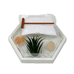 Nature's Mark Mini Zen Garden Kit for Desk with White Sand, Rake, White Base, Salt Rock and Air Plant (Round)