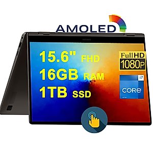 Samsung Galaxy Book3 360 2-in-1 Laptop 15.6"" FHD AMOLED Touchscreen 13th Gen Intel 12-Core i7-1360P 16GB RAM 1TB SSD Backlit Fingerprint Thunderbolt Fast Charging Long Battery Life Win11 Gray, Black