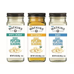 Watkins Popcorn Seasoning Multi-Flavor Variety Pack, 3-Pack (1 White Cheddar 3.3 oz., 1 Butter/Salt 5.3 oz., 1 Ranch 3.6 oz.)