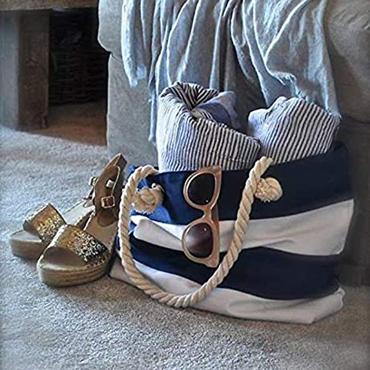 Muka Women Striped Canvas Tote Shoulder Beach Bag with Inner Zipper Pocket and Rope Handle for Travel, Shopping-Red/White