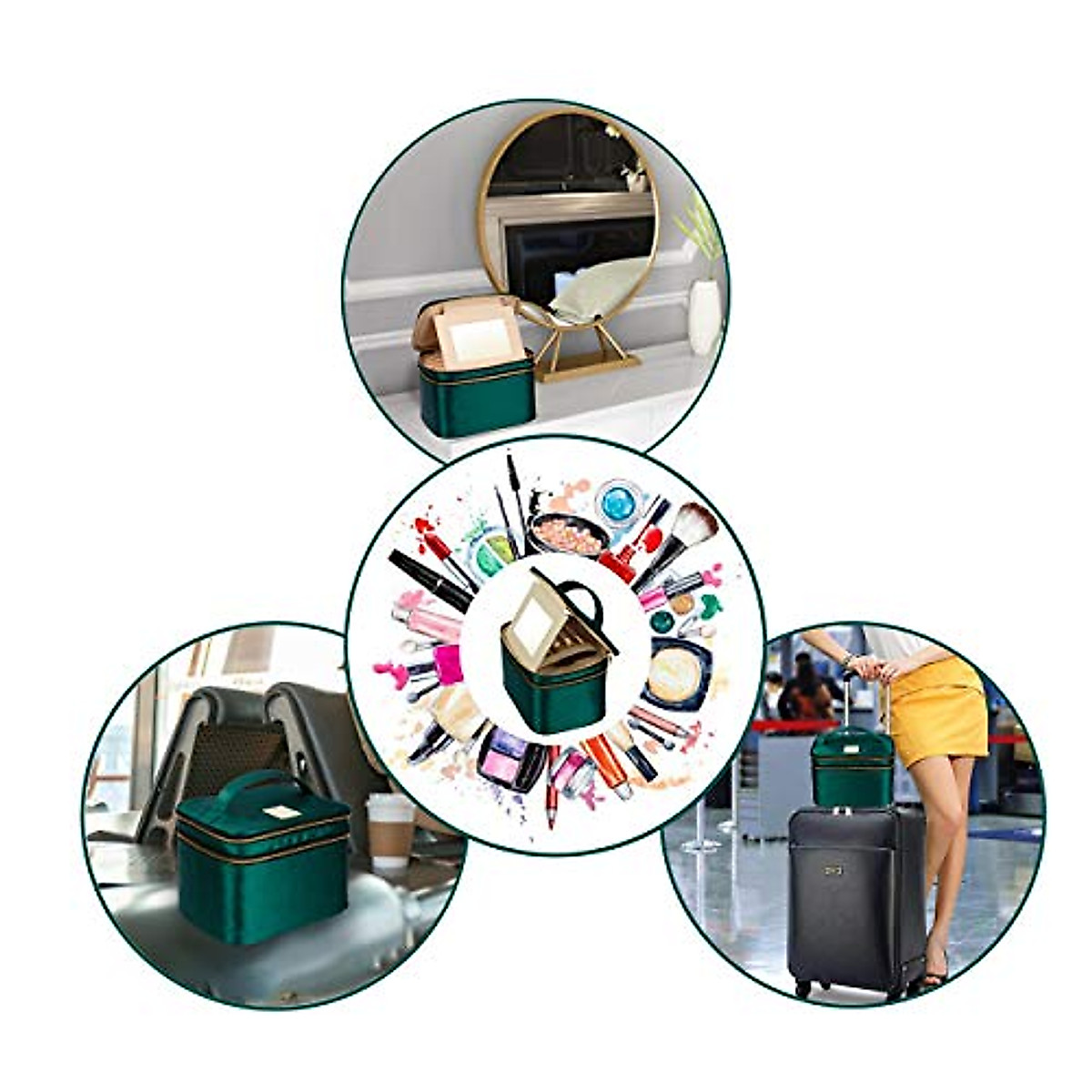 Eudora Double Layer Travel Makeup Bag, Green Nylon Satin Makeup Bag Organizer with Portable Mirror and Brushes holders, Large Cosmetics bag for Women (Green)