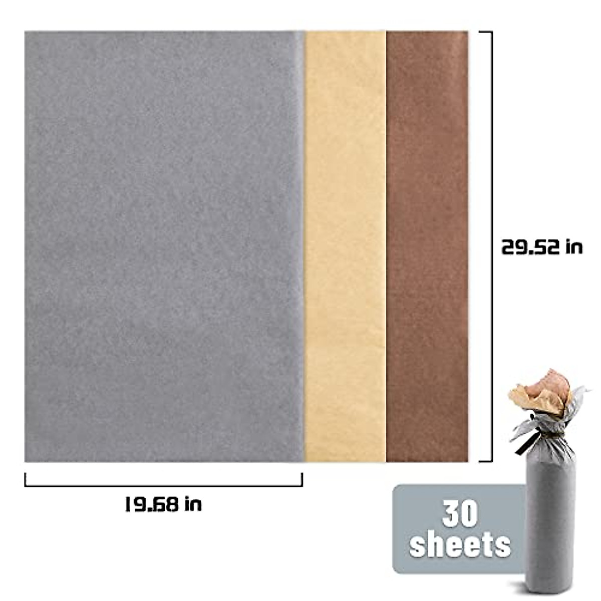 MR FIVE 30 Sheets Brown Grey Tissue Paper Bulk,29.5"x 19.6",Brown Tissue Paper for Gift Bags,Crafts,Gift Wrapping Tissue Paper for Fall Birthday Wedding Thanksgiving Holiday,3 Colors