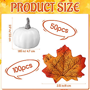 Tigeen 50 Pcs Artificial Mini Fake Pumpkins with 100 Pcs Lifelike Fake Maple Leaves Thanksgiving Lifelike Simulation Mixed Pumpkins for Decorating Fall Harvest Garland Small Realistic Pumpkin for Home
