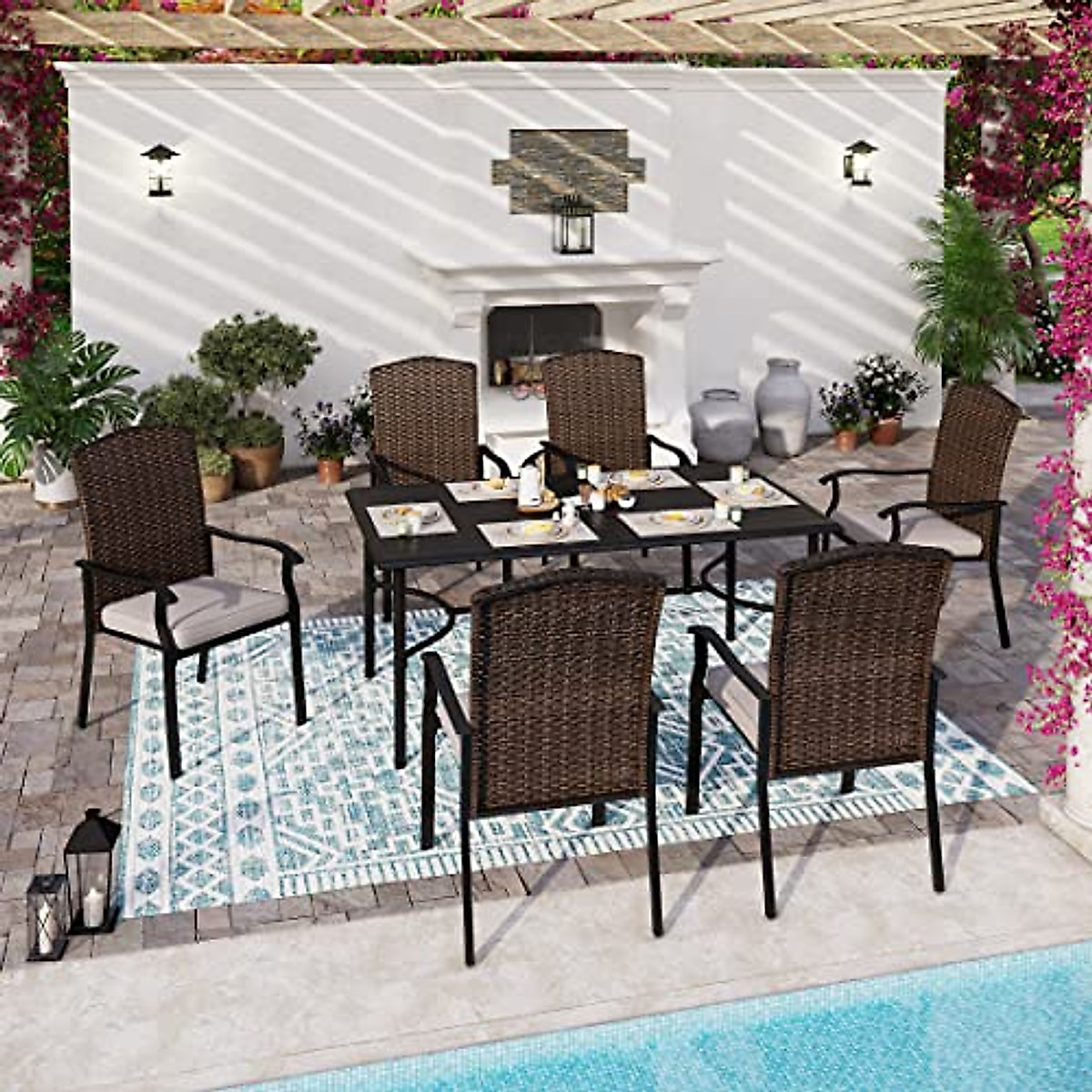 SUNSHINE VALLEY Patio Dining Chairs Set for 6, 7 Piece Wicker Outdoor Table and Chairs, Large Rectangular Metal Patio Dining Table with 1.57” Umbrella Hole Outdoor Dining Sets for Garden Backyard Lawn