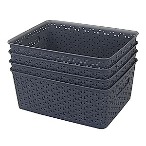 Hespama Grey Plastic Storage Baskets with Handles, 4 Packs