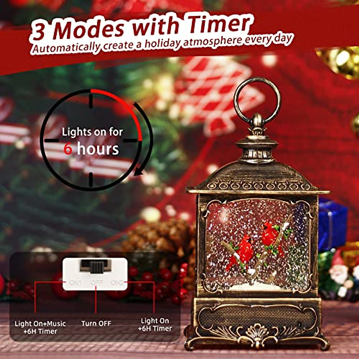 Cardinal Christmas Decorations Musical Snow Globe Lantern, Lighted Snow Globe with Swirling Glitter, 3 AA Battery Operated & USB Powered, Cardinal