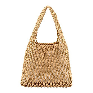 CHIC DIARY Handwoven Small Handbags for Women Cotton Crochet Clutch Purses Summer Beach Fishnet Tote Bags Wristlet Bags(Light Brown)