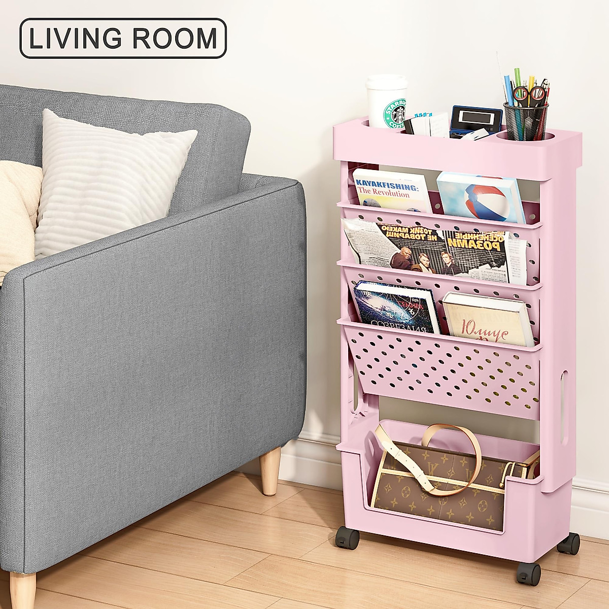 yeavs 5-Tier Mobile Bookshelf, Rolling Bookcase Book Storage Rack, Movable File Folder Organizer Cart with Wheels for Home Study Office Living Room Classroom, Pink