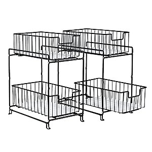 SUFAUY 2 Pack Stackable 2-Tier Under Sink Cabinet Organizer with Sliding Drawer for Pantry Organization or Kitchen Storage, Black