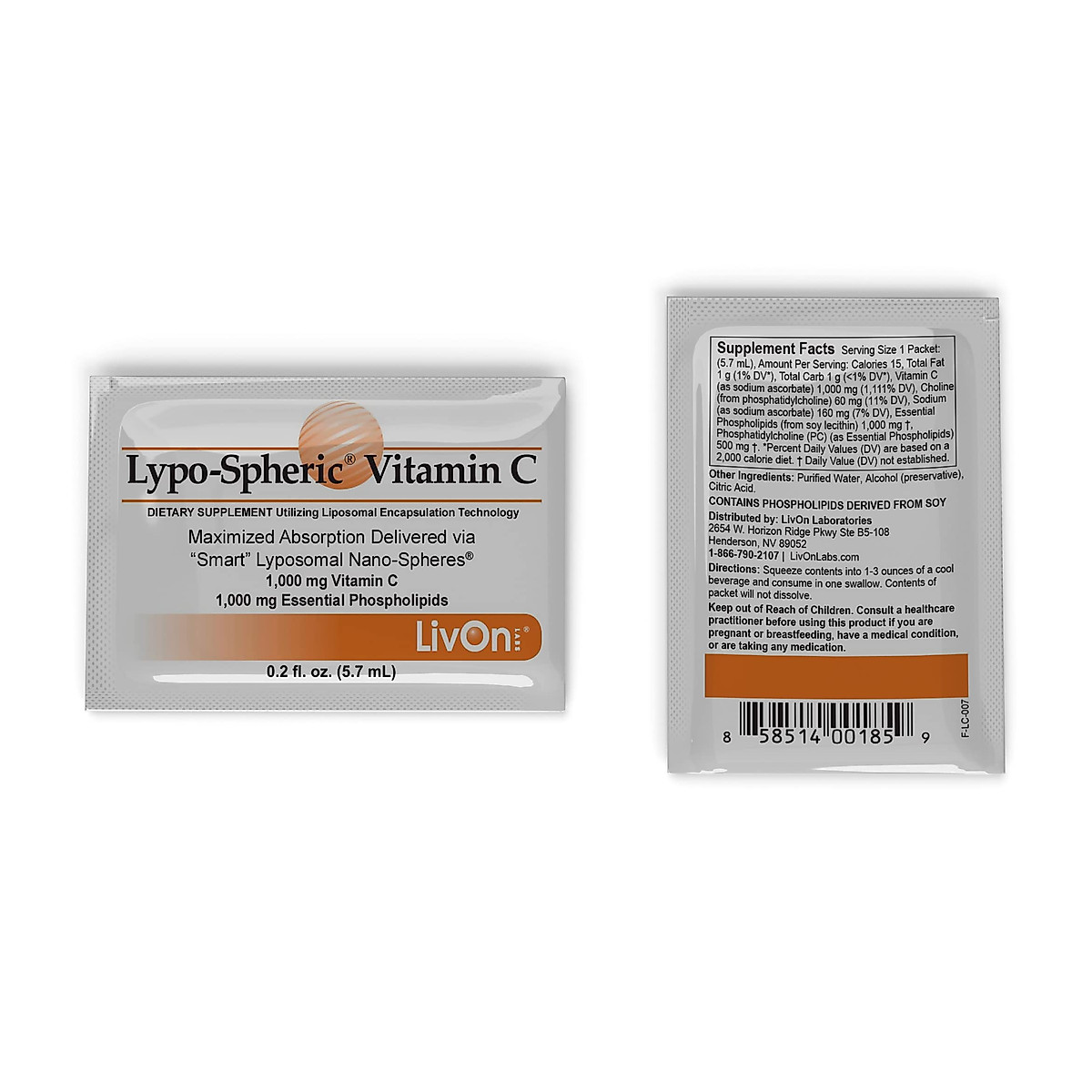 LivOn Laboratories Lypo–Spheric Liposomal Vitamin C 1000mg 30 Packets - No Sugar, Immune Support, Plant Based - Easy to Swallow, Absorbable, Convenient Individual Packets 100% Non–GMO, Gluten Free
