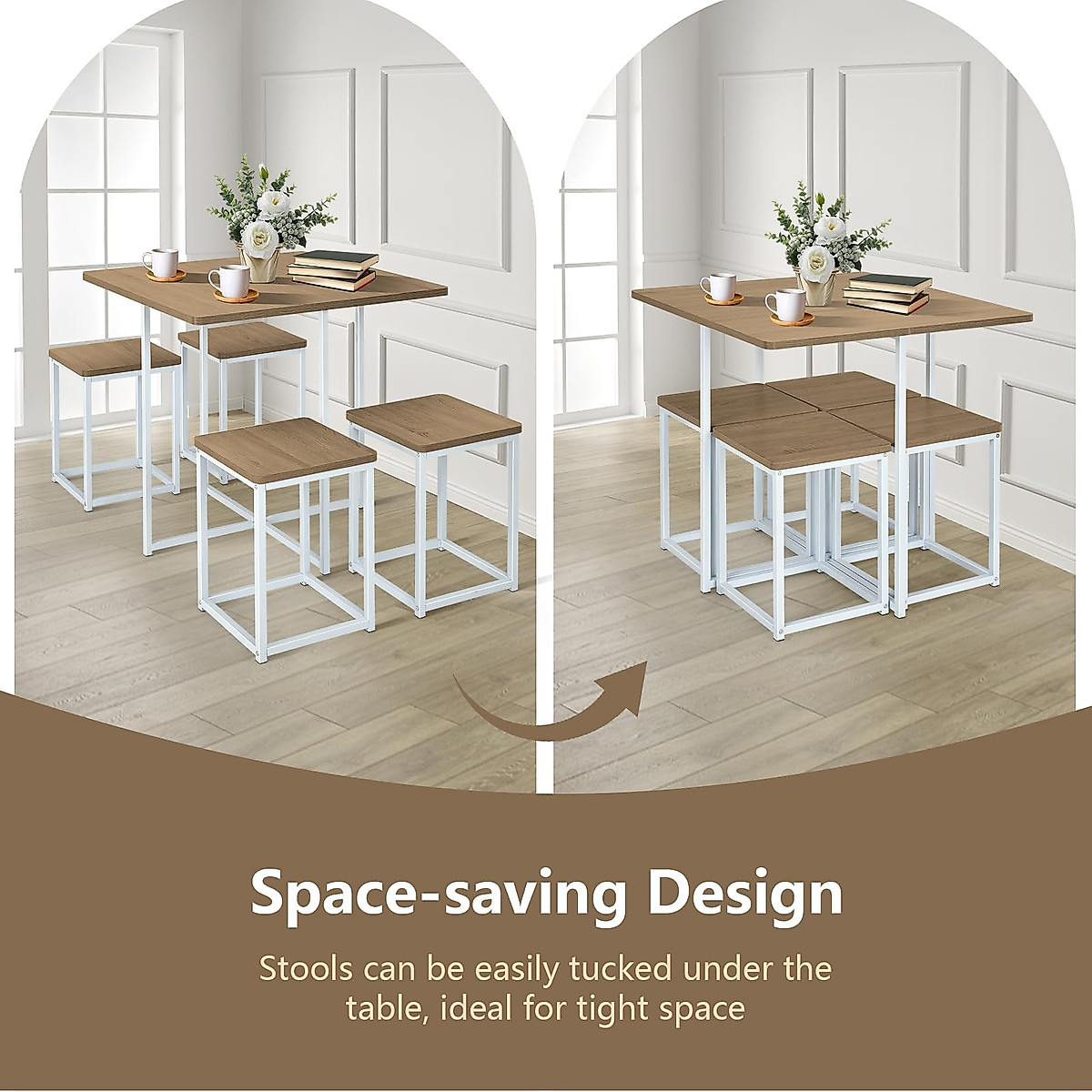 COSTWAY 5 Piece Dining Table Set, Counter Kitchen Table and Chair Set for 4 Includes 1 Square Table and 4 Stools, Space-Saving Pub Dining Set for Living Room, Breakfast Nook, Coffee Shop (Natural)