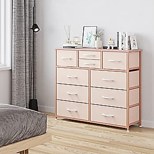 LUMTOK 10-Drawer Dresser, Fabric Storage Dressers Drawers for Bedroom, Hallway, Nursery, Closets, Steel Frame, Wood Top, Easy Pull Handle (Rose Gold)