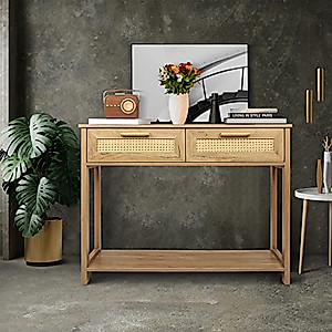 Rattan Side Table, with 2 Drawers, Industrial Sofa Table, Entryway Table with 2-Tier Storage Shelves, and Rattan Design, Vintage Hallway Foyer Table, for Living Room, Entryway, Hallway, Natural Color