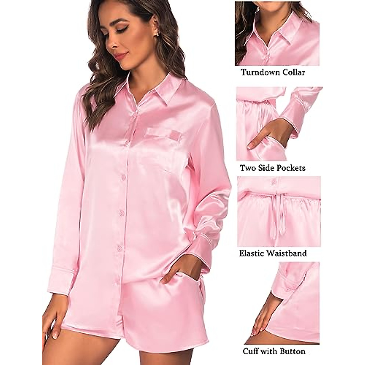 SWOMOG Casual Pink Outfits Button Down Pajamas Pjs Women's Silk Satin Long Sleeve Shirts and Shorts 2 Piece Lounge Sets