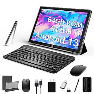 2024 Newest 10 Inch Tablet,3 in 1 Tablet with Keyboard Mouse pen, Android 13 Tablet 4G Cellular with 2 SIM 1 SD-64GB ROM TF Max 512GB,Octa-Core,1080 FHD,13MP,GMS-Zertifizierung,GPS/ WIFI/ BT(Grey)