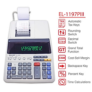 Sharp EL-1197PIII Heavy Duty Color Printing Calculator with Clock and Calendar