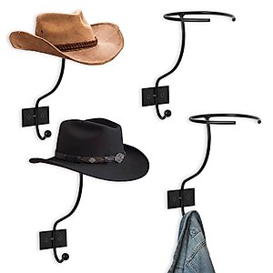 QUUREN Cowboy Hat Rack for Wall 4 Pack Rustic Metal Cowboy Hat Holder Cast Iron Cowboy Hat Hanger Western Horseshoe Hooks for Storage and Display at Closet Bedroom Living Room for Hats Coats Keys