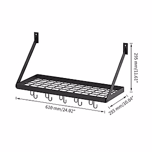Miyili Pot Rack Square Grid Wall Mounted Kitchen Pot And Pan Organizer Shelf With 10 Hooks, 24 by 10-inch (Black), KR301B1