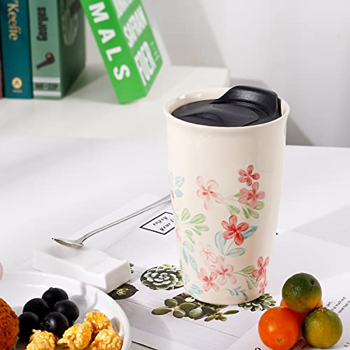 ANTIS'S HOME Ceramic Travel Mug with Lid, Flower Pattern Double Wall Coffee Mug Tumbler 10 oz, Reusable Tall Cup, Splash Resistant Lid, Dishwasher Microwaveable Safe