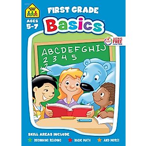 School Zone - First Grade Basics Workbook - 96 Pages, Ages 5 and Up, 1st Grade, Phonics, Vowels, Beginning Reading, Math, Telling Time, Money, and More (School Zone Basics Workbook Series)