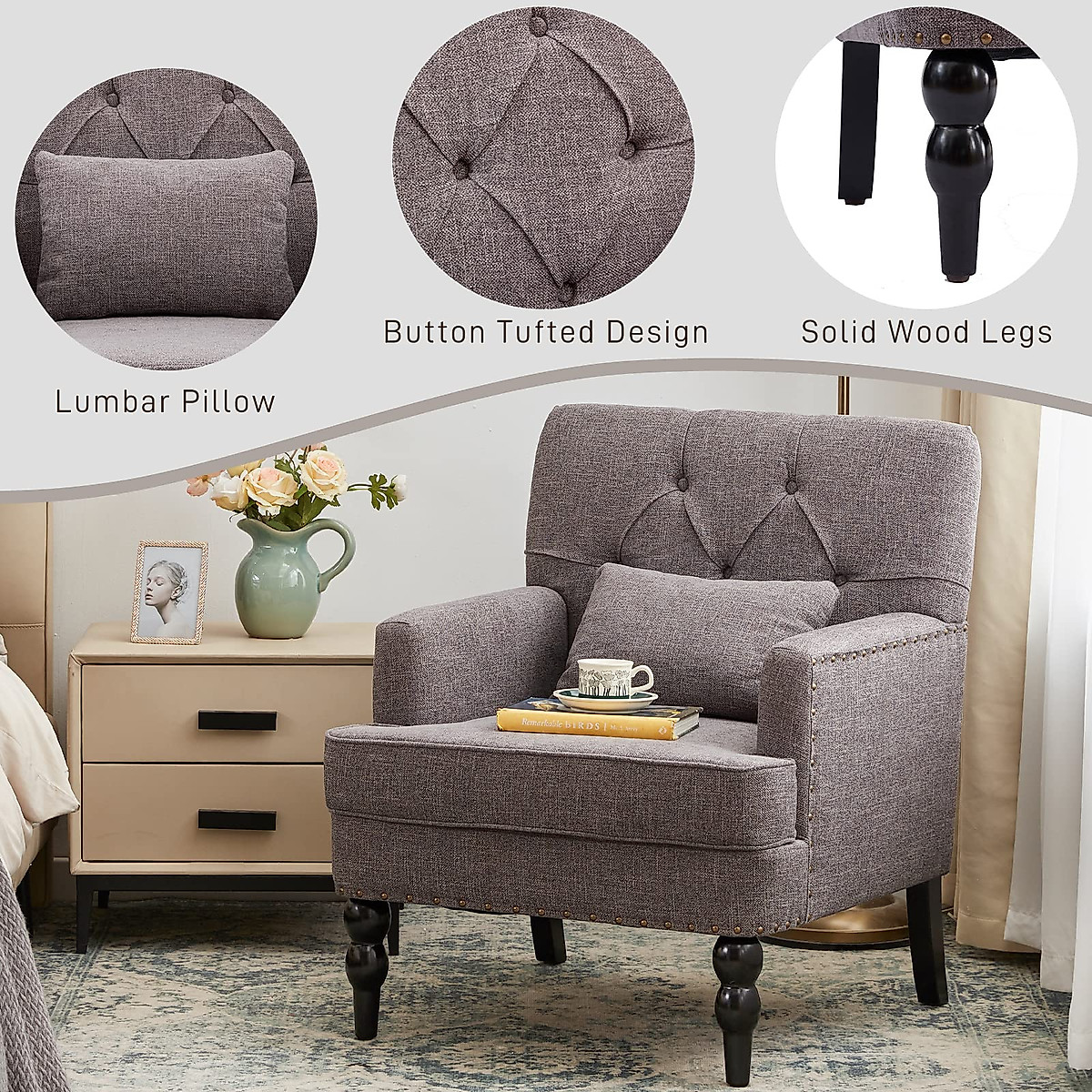 HUIMO Tufted Club Chair with Lumbar Pillow,Upholstered Button Armchair,Accent Reading Chair,Linen Fabric Sofa Chairs for Bedroom, Living Room, Mid Century Modern with Studded Chair Grey