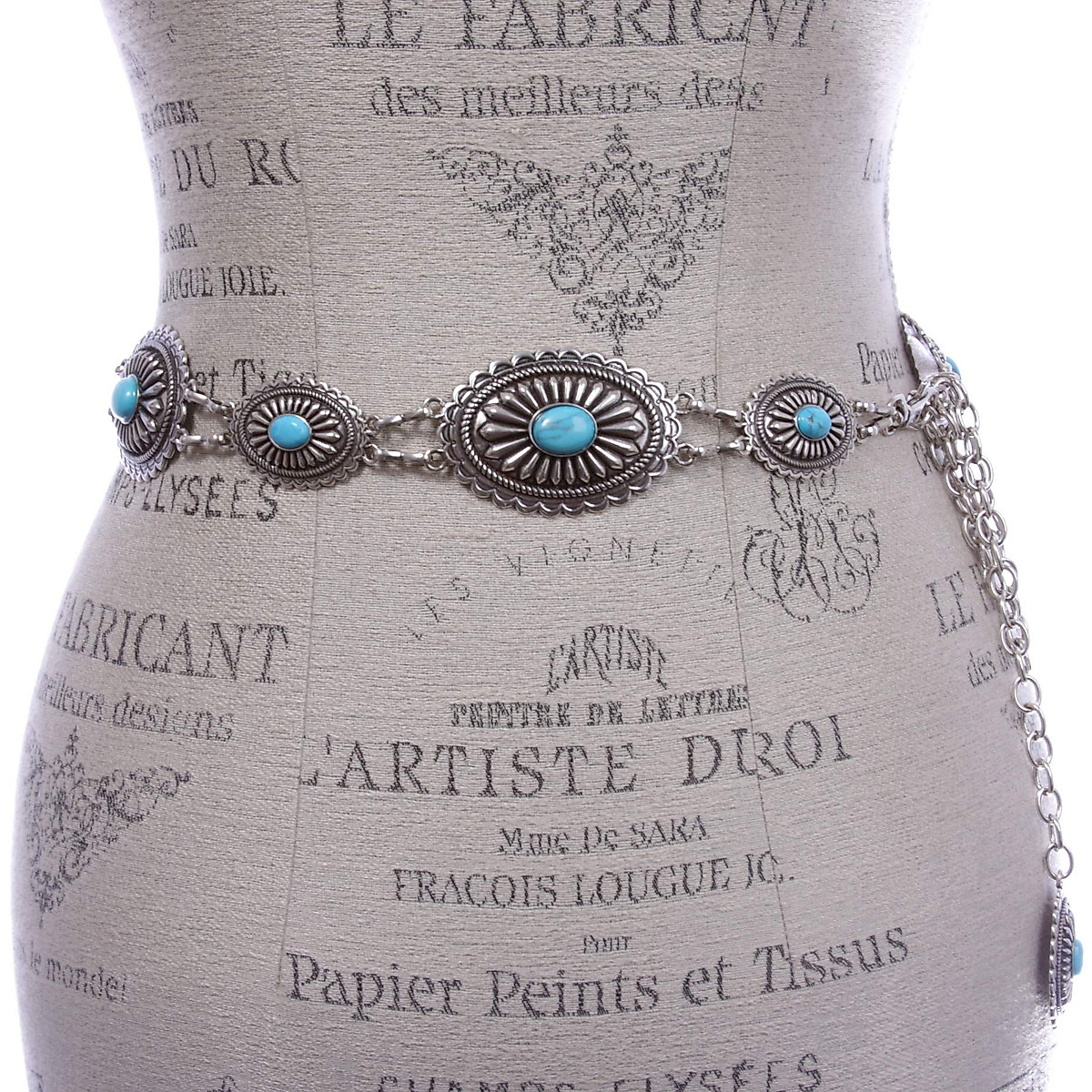 Women's Western Oval Turquoise Stone Concho Chain Belt, Silver | One Size
