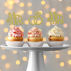 ShuanQ Mr & Mrs Cupcake Topper - Gold Glitter Wedding Cupcake Toppers - Engagement/Bridal Shower/Anniversary Cupcake Picks, 24pcs
