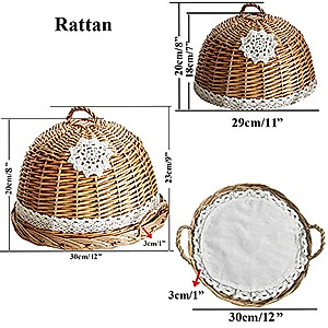 Coralpearl Rattan Wicker Woven Food Dome Lid Cover and Table Serving Tray Storage Plate Platter with Handles for Picnic Party Bread Cake Pizza Dry Fruit Dessert Indoor Outdoor (Brown)