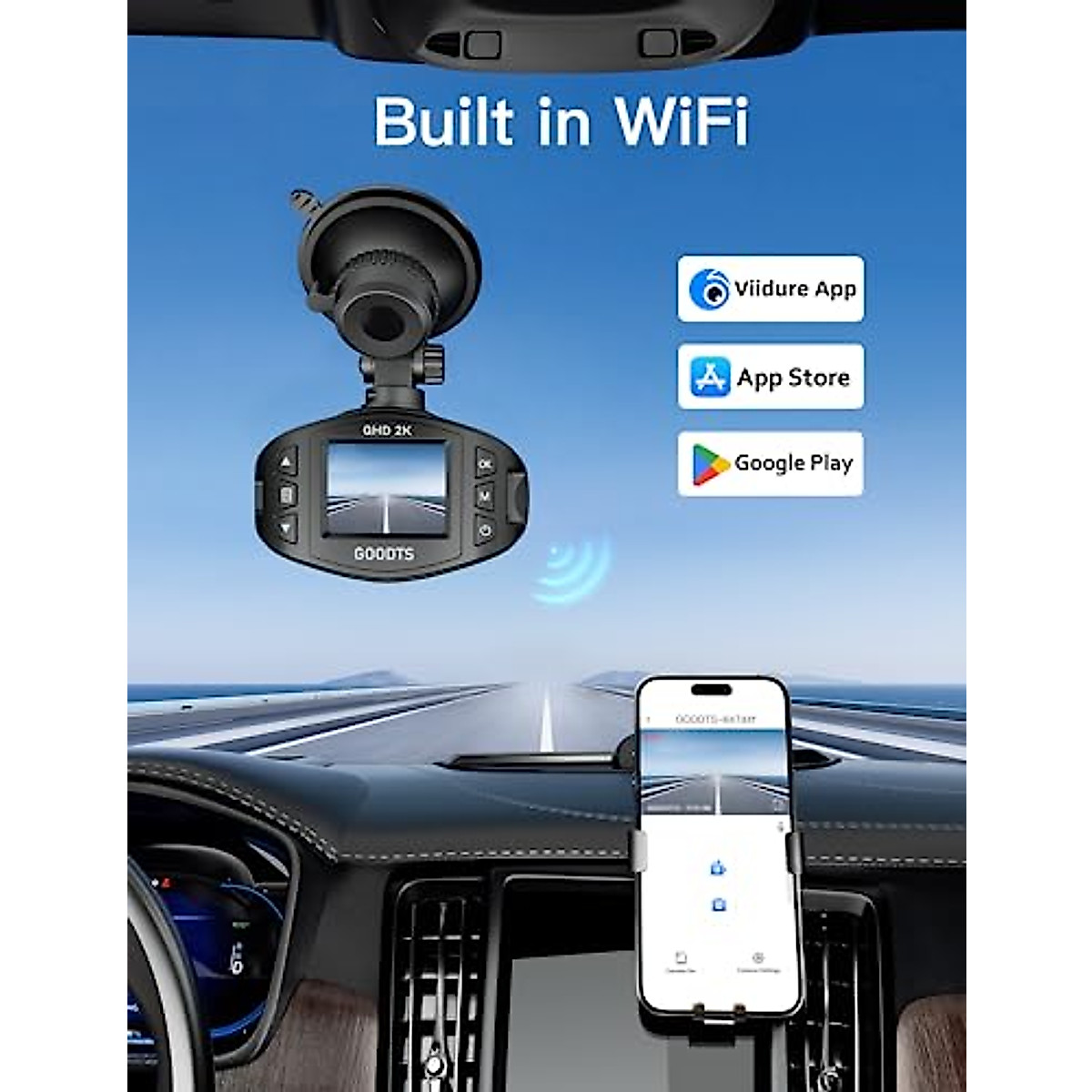 2K Dash Cam Front 1440P, GOODTS Car Camera with 2.45” IPS Screen, Mini Dash Camera for Cars with 150°Wide Angle, Dashcam with G-Sensor, Loop Recording, Parking Monitor, 64GB SD Card, SD Card Reader