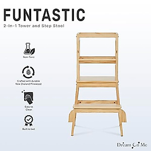 Dream On Me 2-in-1 Funtastic Tower and Step Stool, Easy to Assemble, Multi-Purpose Stool with Non-Toxic Paint Finish, Made of Solid Pinewood, Natural